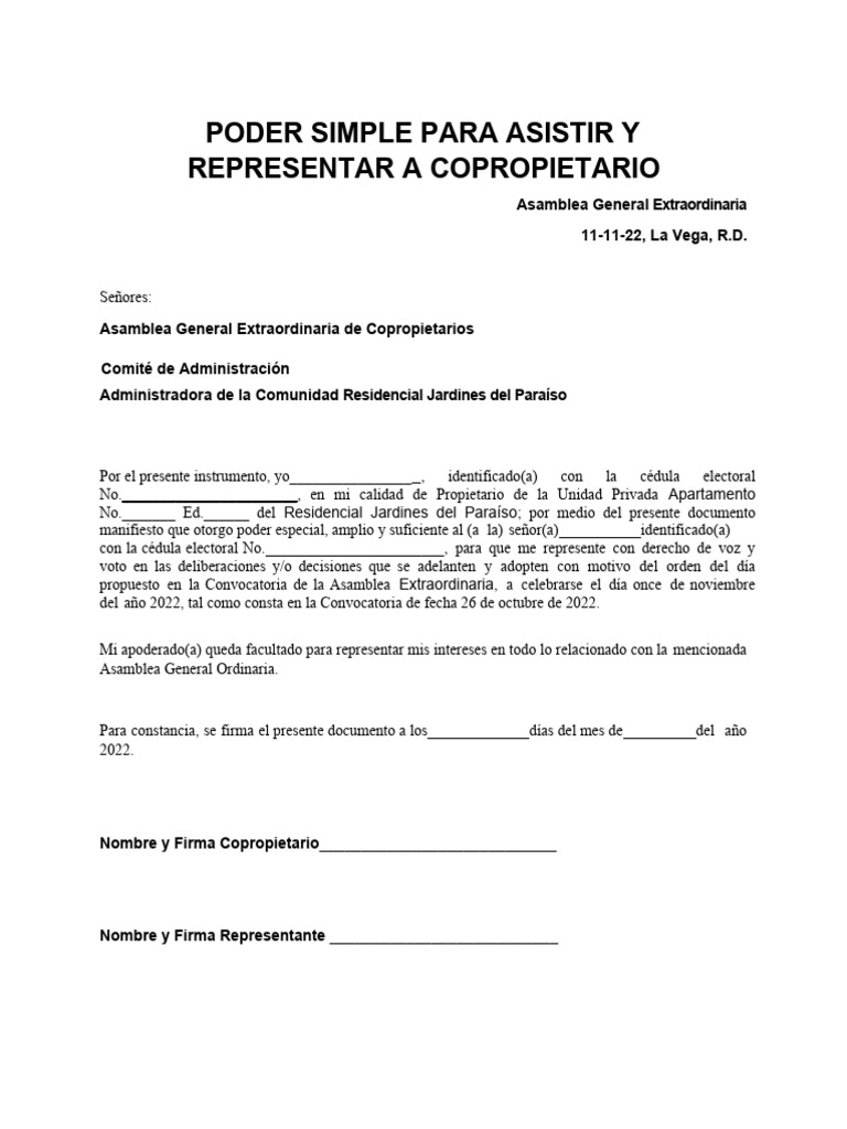 Formato de Carta Poder Simple para Representar Copropietarios | PDF