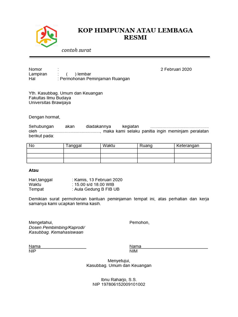 Surat Permohonan Peminjaman Ruangan FIB UB | PDF