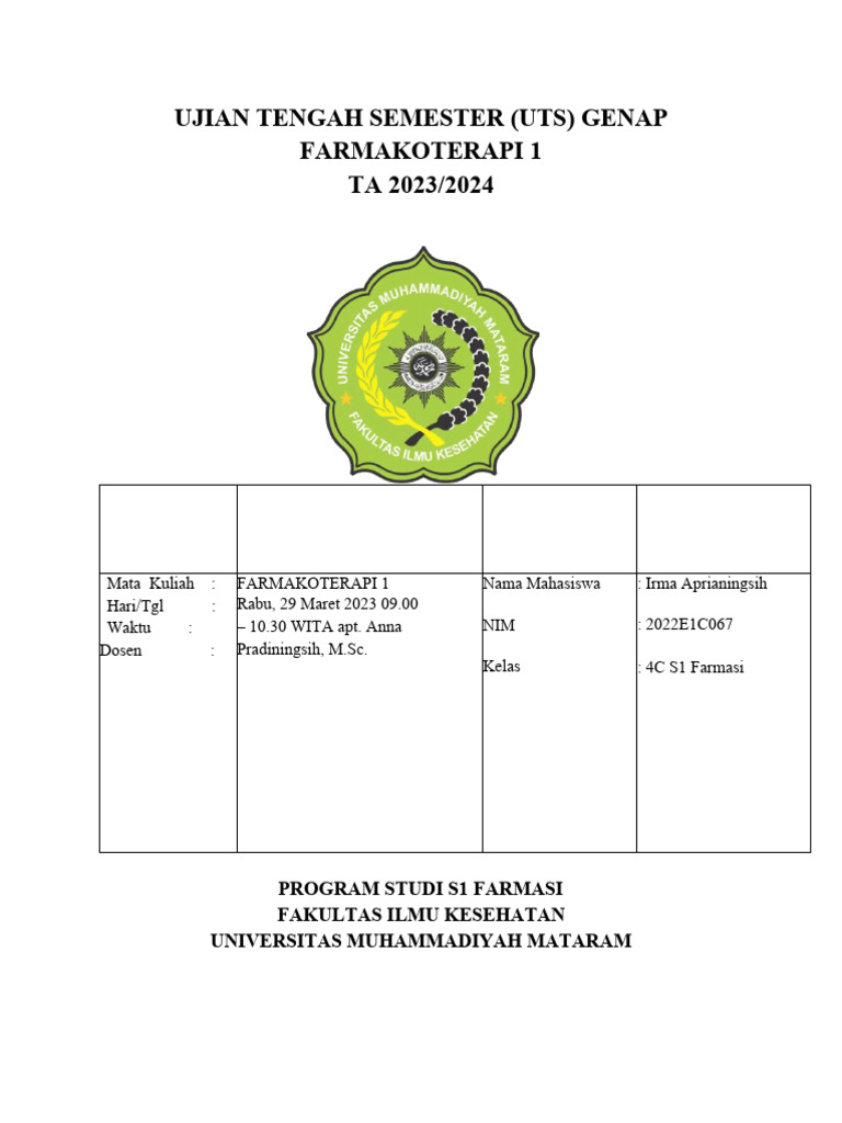 Soal UTS Farmakoterapi 1 2024 Esai | PDF | Kesehatan Holistik | Sains & Matematika