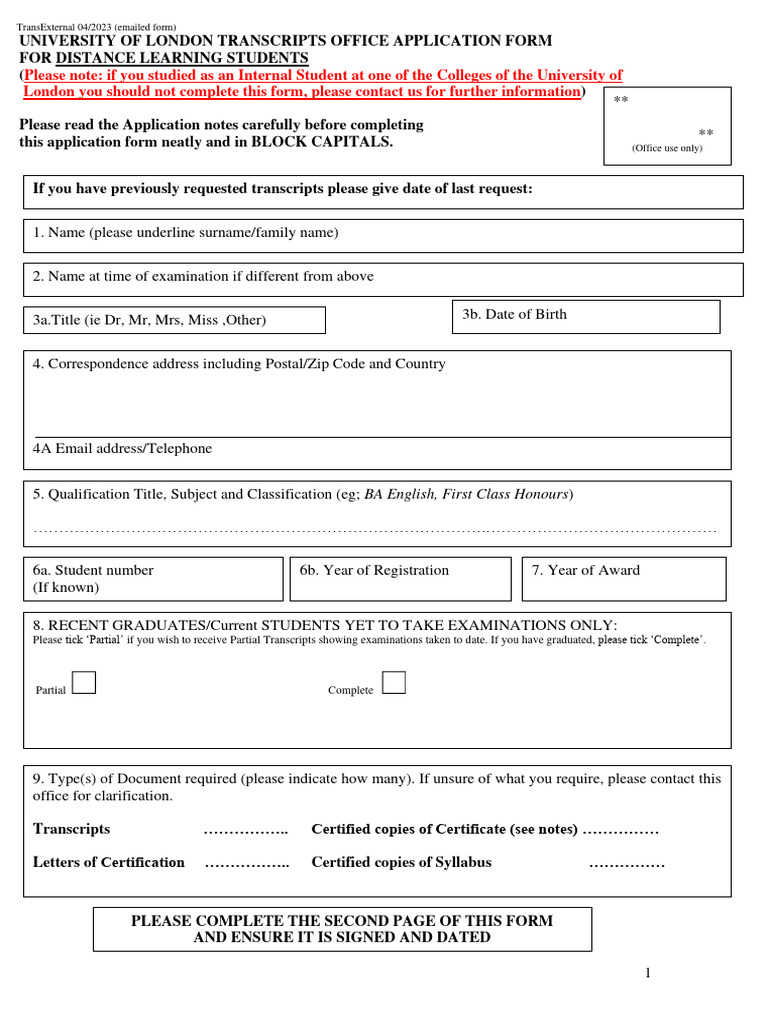 University of London Transcript Application | PDF