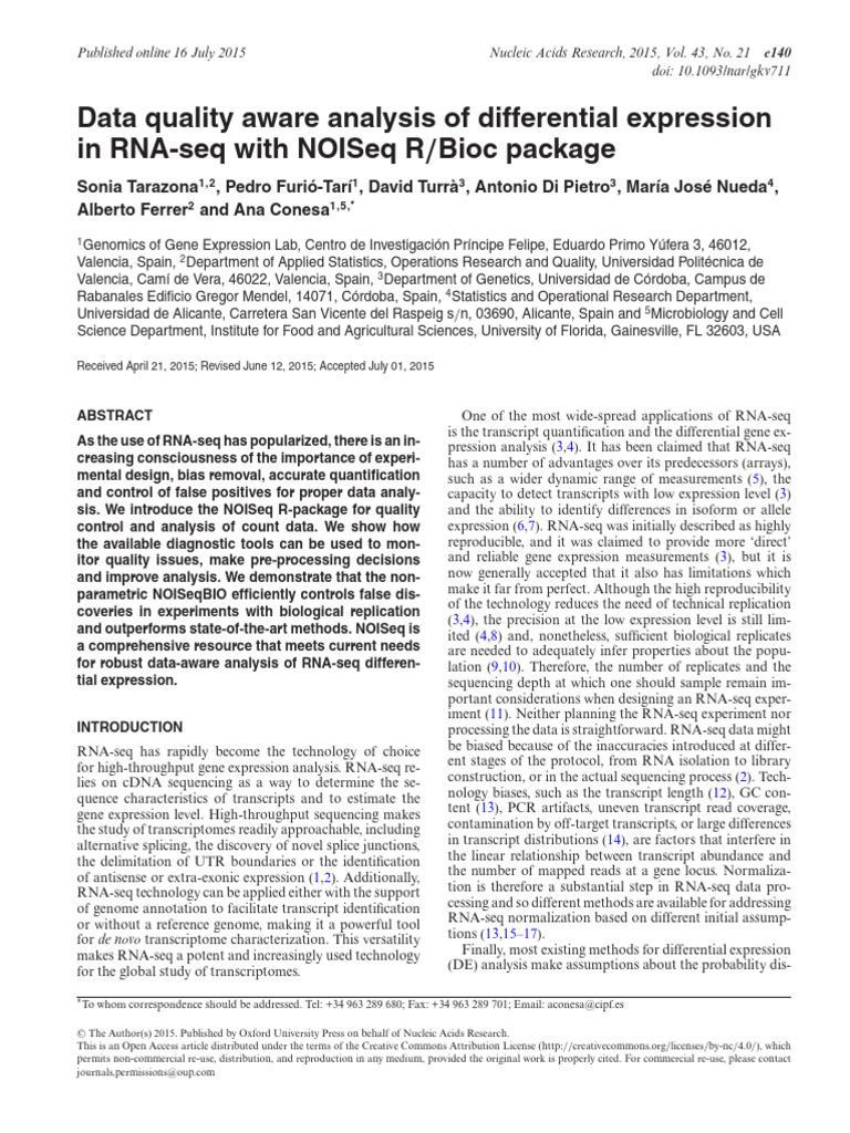 RNA-seq With NOISeq R-Bioc Package | Download Free PDF | Gene ...