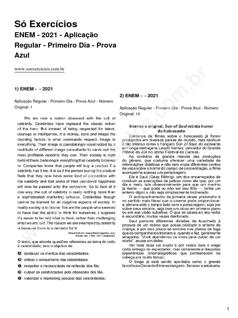 Prova Azul ENEM 2021 - Dia 1 | PDF