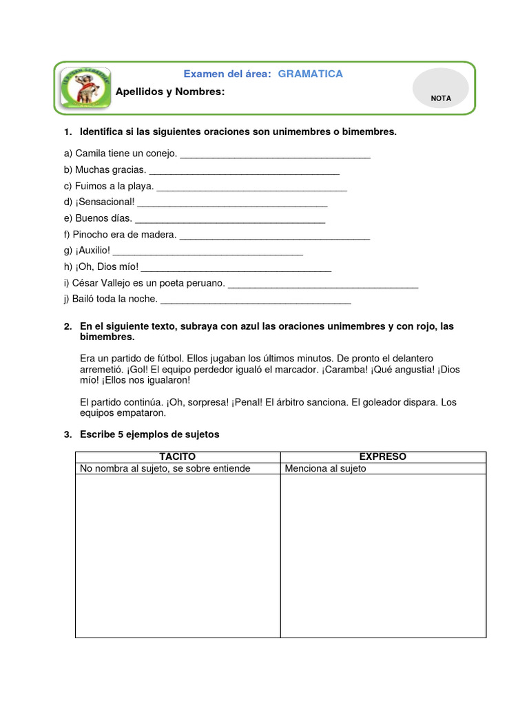 Examen de Gramatica 4to Grado | PDF | Asociación de Futbol | Deportes