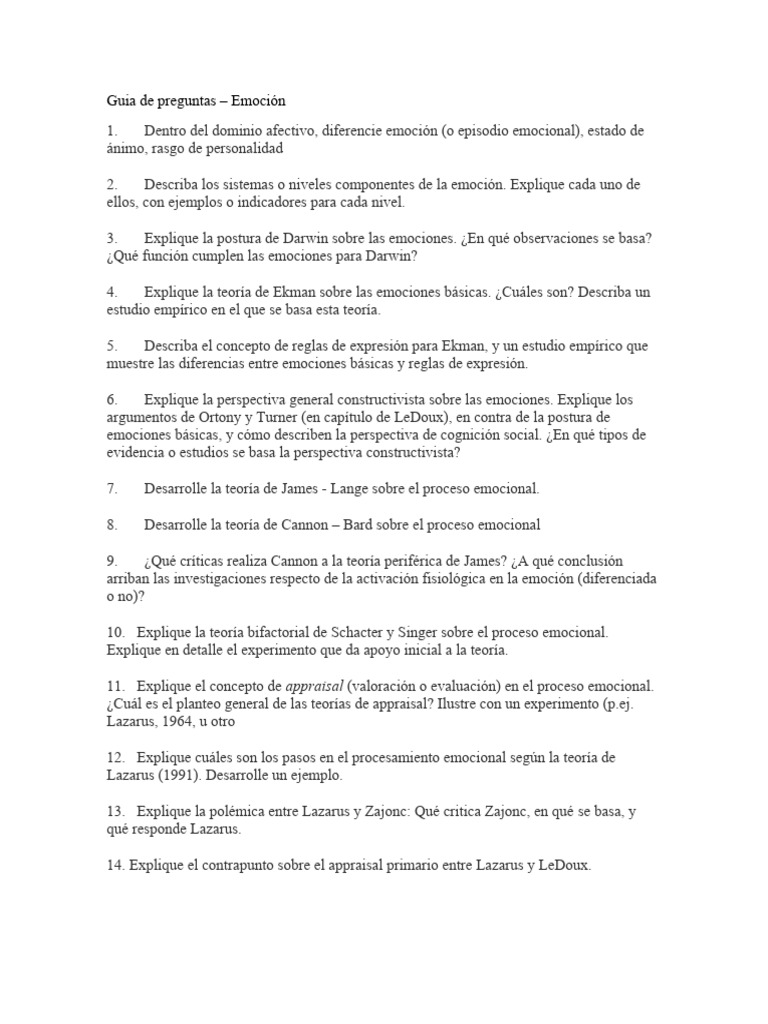 Guia de Preguntas Emocion | PDF | Las emociones | Educación en artes ...