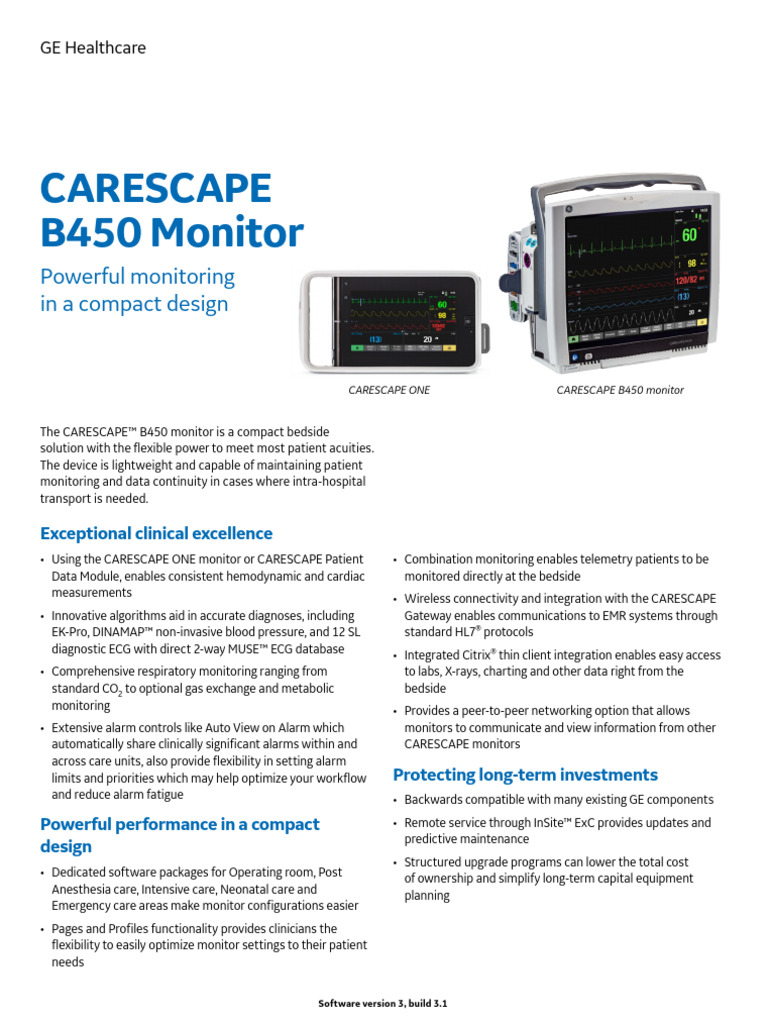 CARESCAPE B450 Monitor DOC2140492 | PDF | Monitoring (Medicine ...