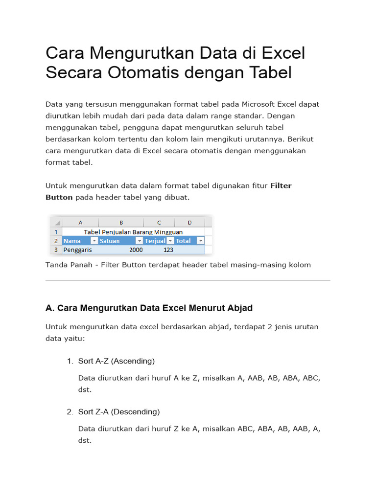 Cara Mengurutkan Data Di Excel Secara Otomatis Dengan Tabel | PDF