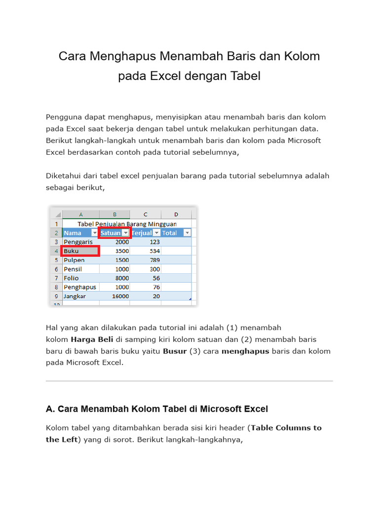 Cara Menghapus Menambah Baris Dan Kolom Pada Excel Dengan Tabel | PDF