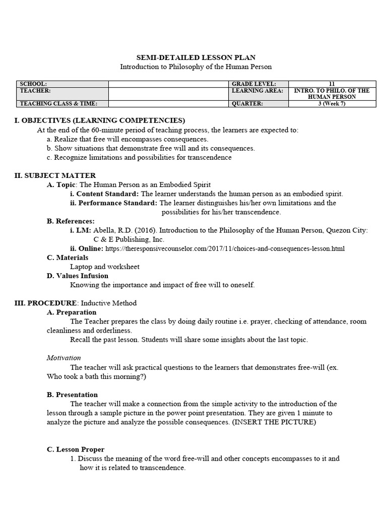 Semi Detailed Lesson Plan in Philo | PDF | Learning | Lesson Plan