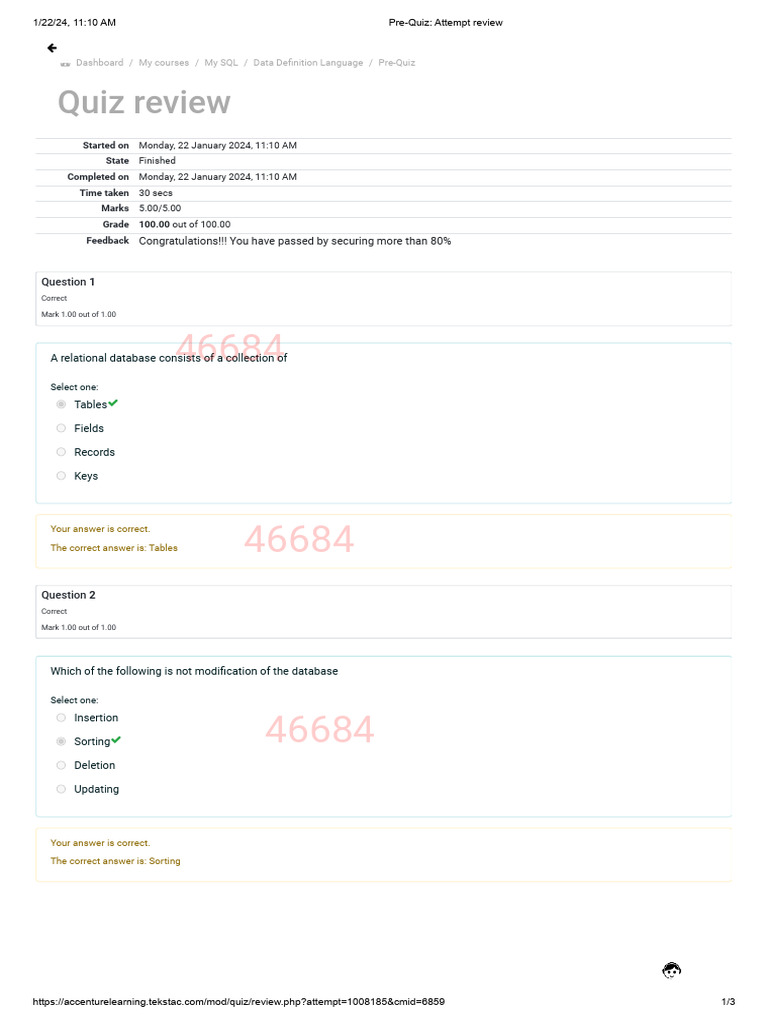 Pre Quiz Attempt Review Ddl Pdf Relational Database Data Management 4263