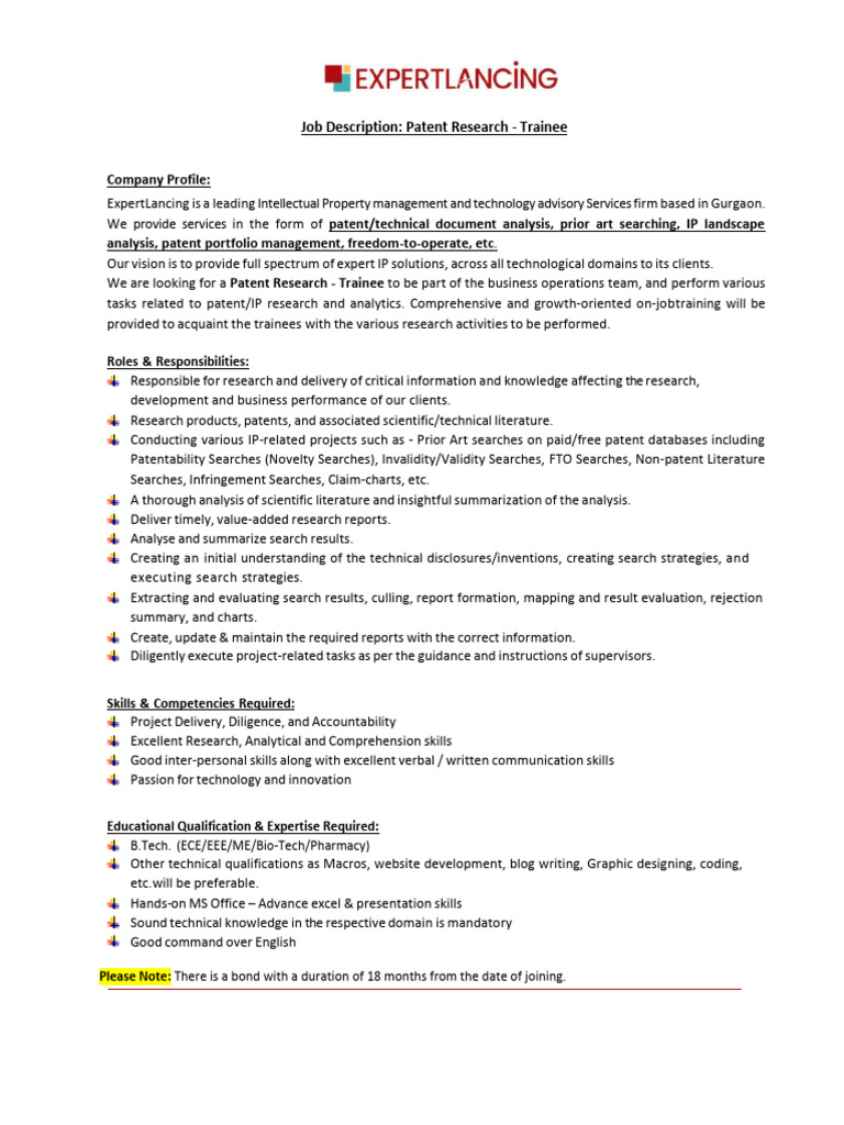 JD-Patent Research Trainee - Business Operations | PDF | Patent ...