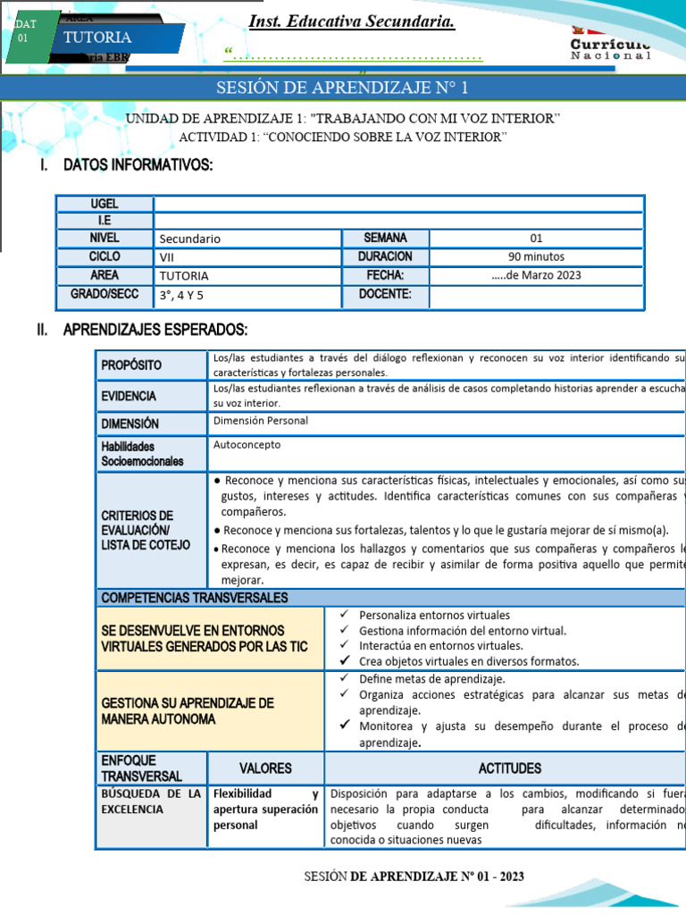 5° Tutoria Ses 1 Uni 1 Sem 01 - 2023 | Descargar gratis PDF | Aprendizaje