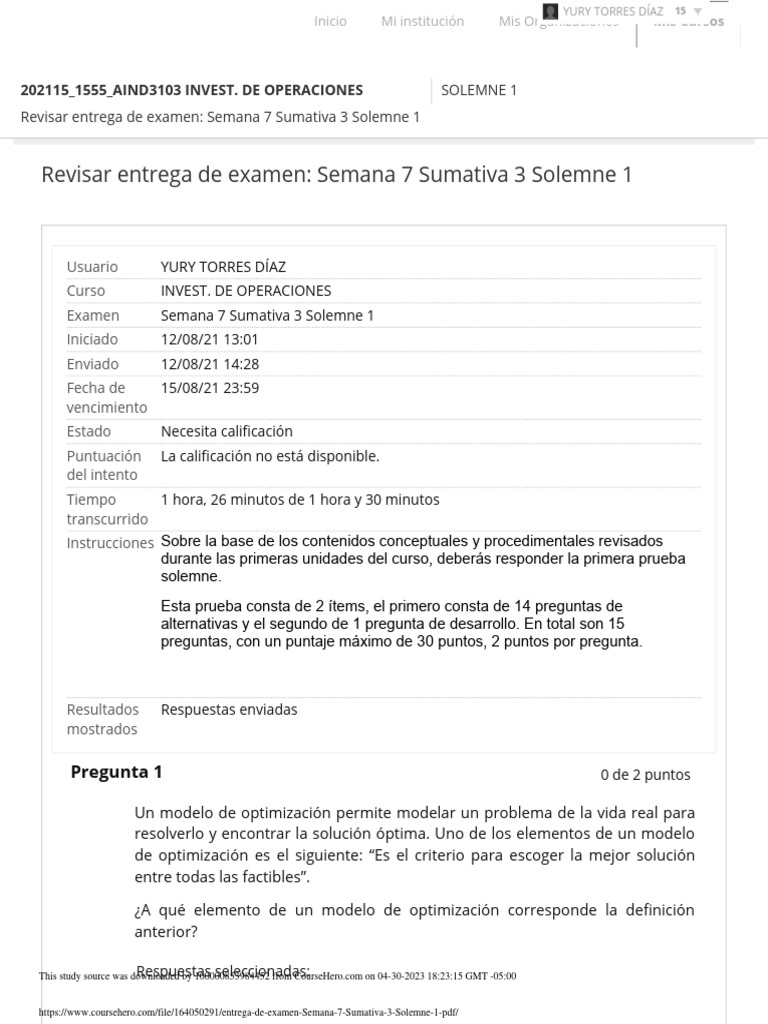 Entrega de Examen Semana 7 Sumativa 3 Solemne 1 .. PDF | PDF | Programación lineal | Análisis de ...
