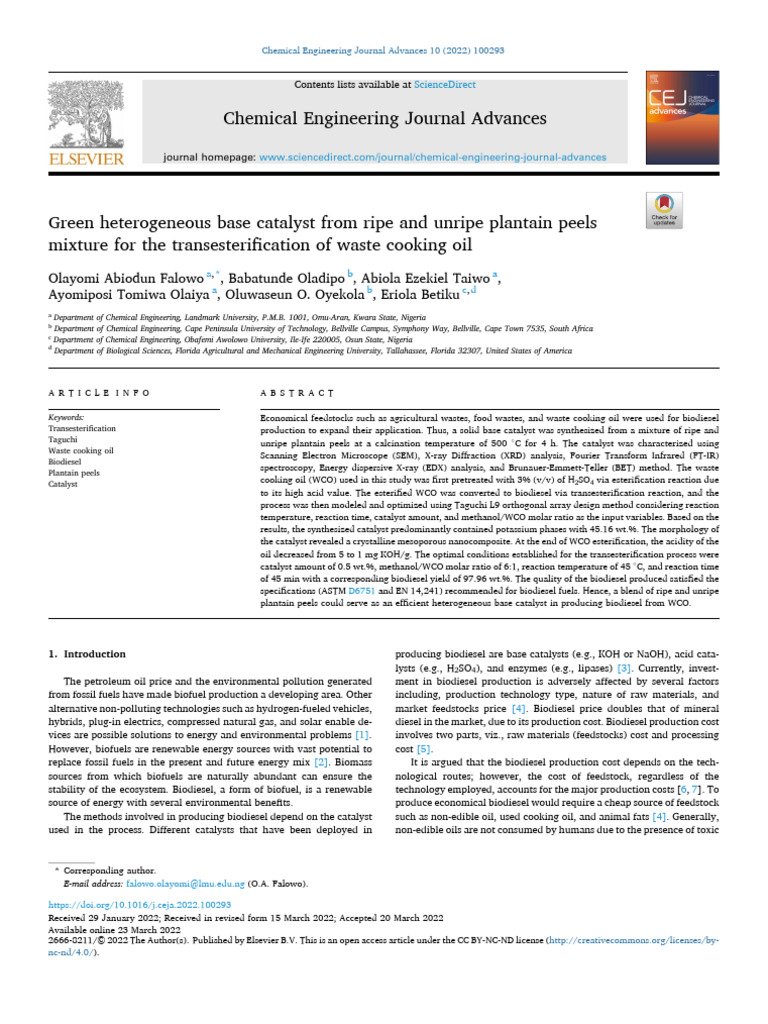 Green Heterogeneous Base Catalyst From Ripe and Unripe Plantain Peels ...