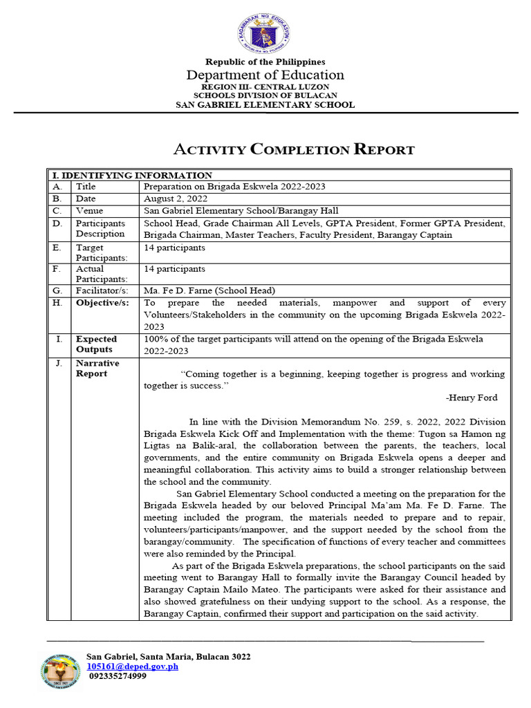 Acr - Preparation On Brigada Eskwela 2022 2023 | PDF