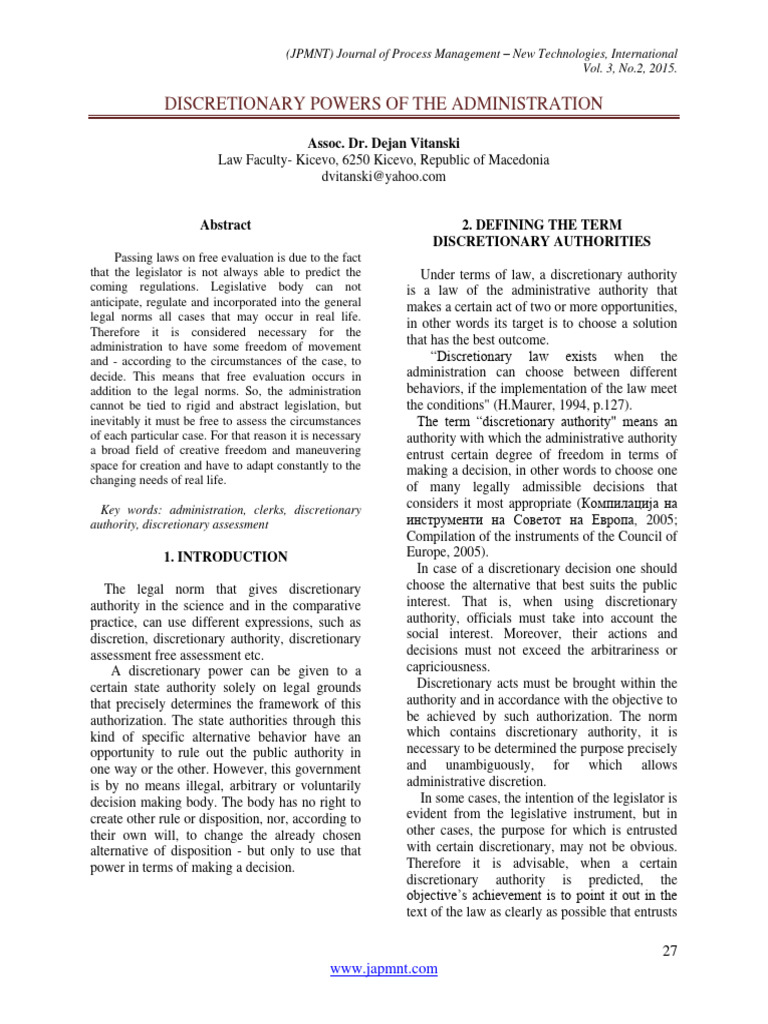 Discretionary Powers of The Administration | PDF | Governance | Government