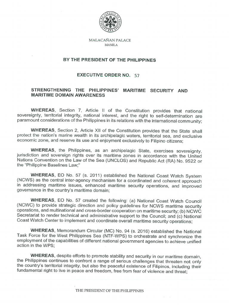 EXECUTIVE ORDER 57 Strengthening PH Maritime Security Amid China's ...