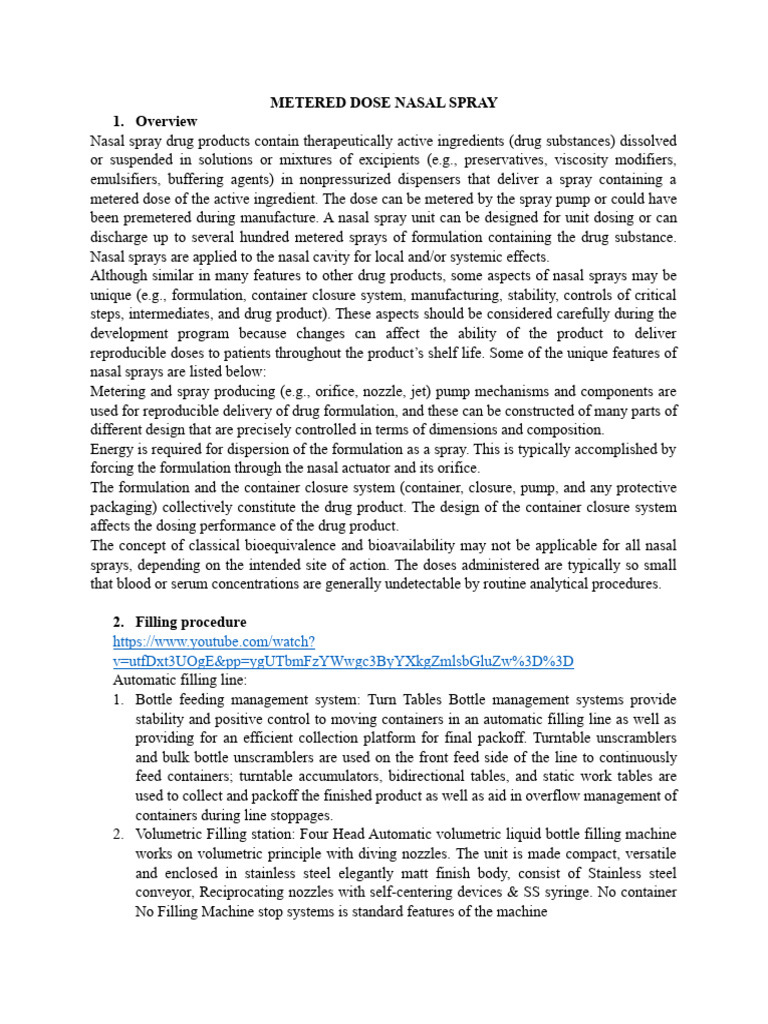 Metered Dose Nasal Spray | PDF | Pump | Pharmaceutical Formulation