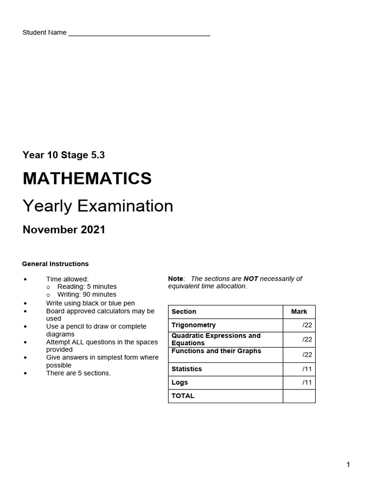 Year 10 Mathematics Exam Paper 2021 | PDF | Mathematics | Mathematical ...