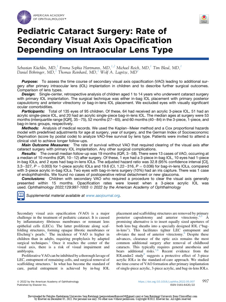 Pediatric Cataract Surgery - Rate of Secondary Visual Axis ...