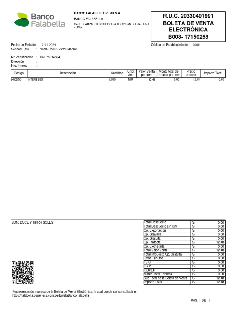 R.U.C. 20330401991 Boleta de Venta Electrónica: Banco Falabella Peru S.A | PDF | Economias