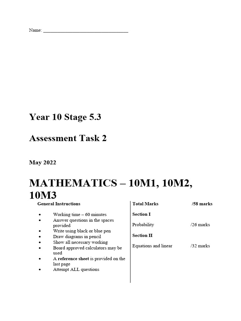 Year 10 2022 Maths Assessment 5.3 Task 2 | PDF | Entrée | Probability