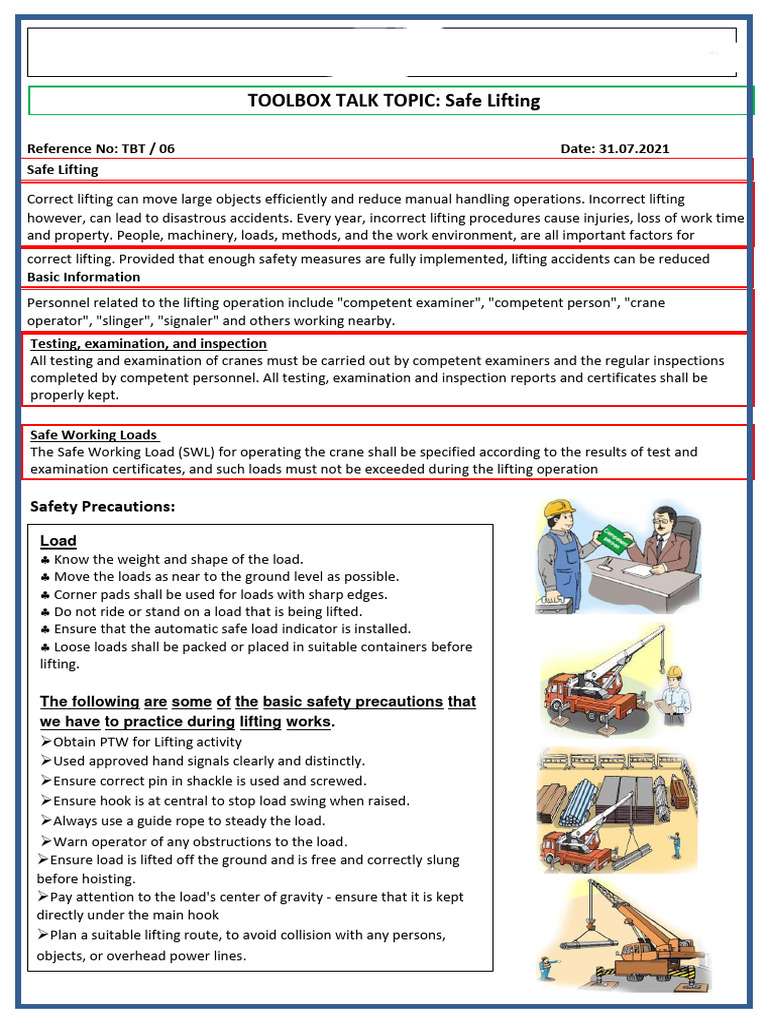 Toolbox Talk Safe Lifting | PDF | Occupational Safety And Health | Crane (Machine)