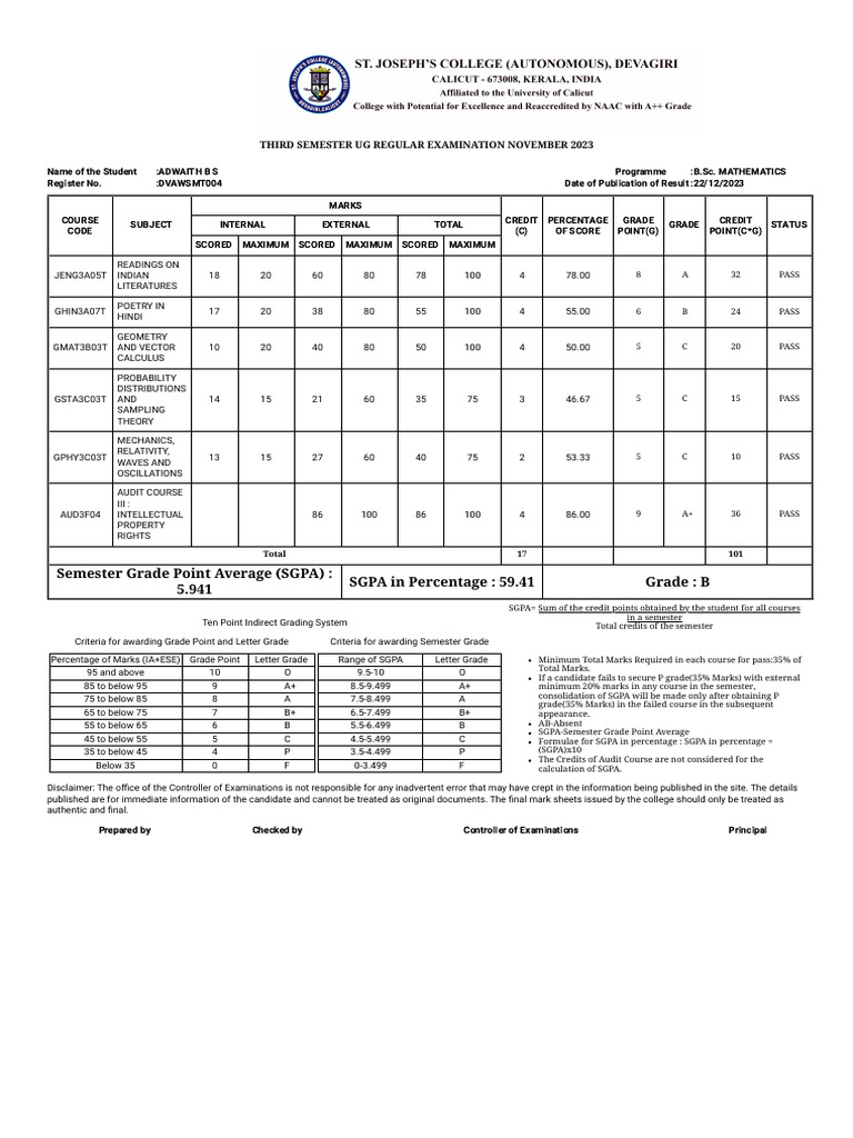 Semester Mark Card | PDF | Mathematics