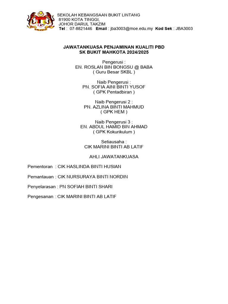 Jawatankuasa Penjaminan Kualiti SKBL 2024 | PDF