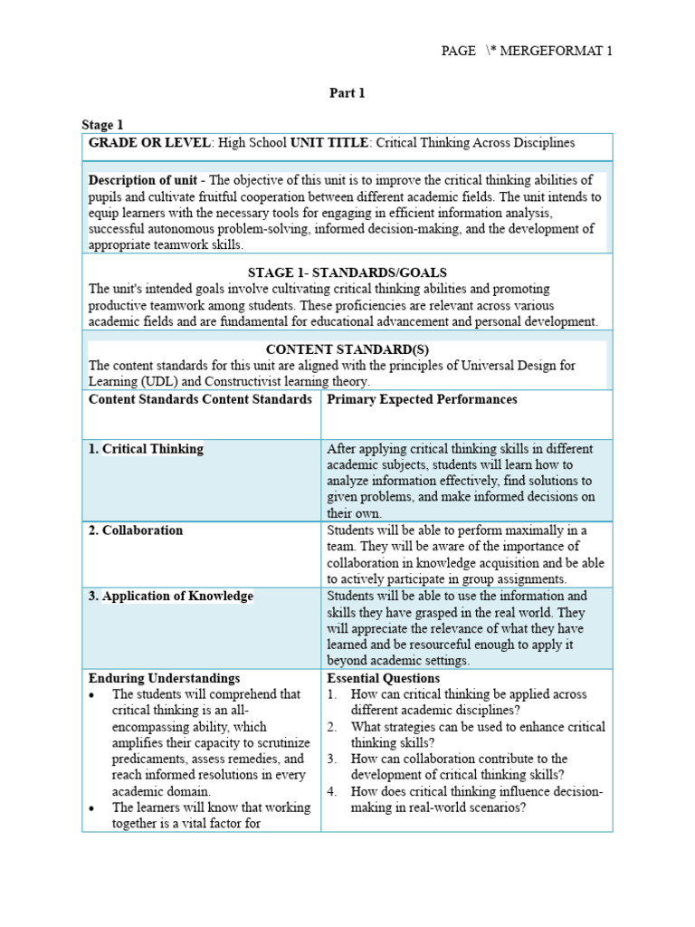 Unit 4 Blog Assignment 2 Part 1 Stage 1 of Unit Plan Completed | PDF | Critical Thinking | Thought