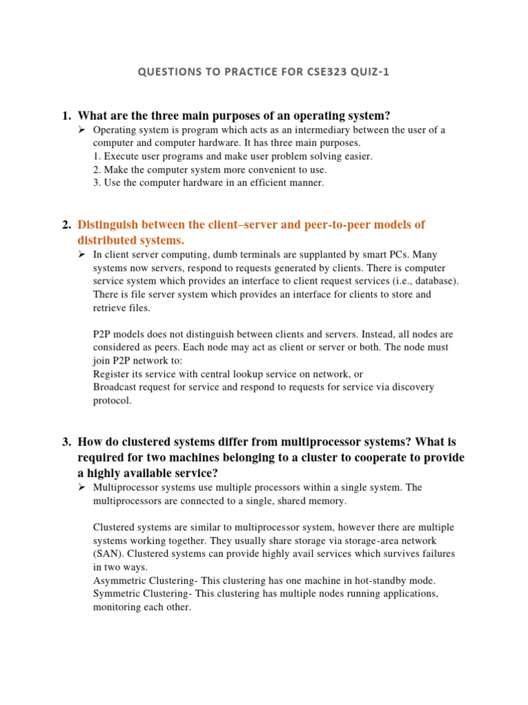 Questions To Practice For Cse323 Quiz 1 | PDF | Kernel (Operating System) | Client–Server Model