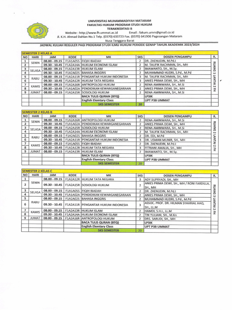 Jadwal Kuliah Semester Genap Ta 2023-2024 | PDF
