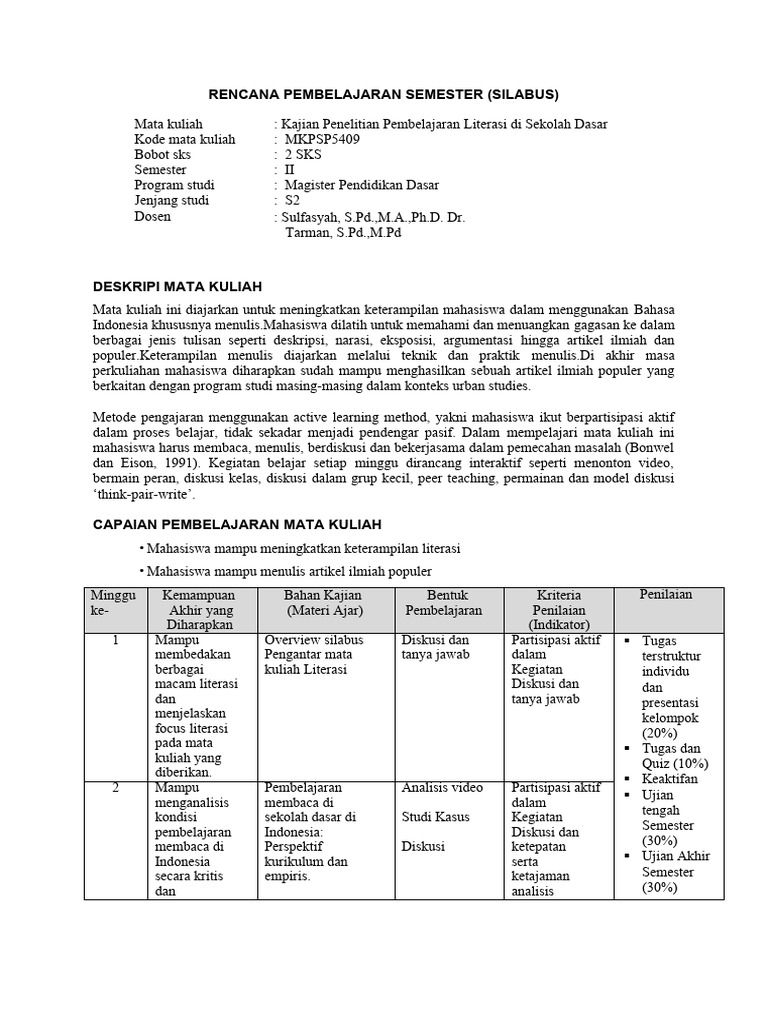 RPS Kajian Penelitian Literasi SD | PDF