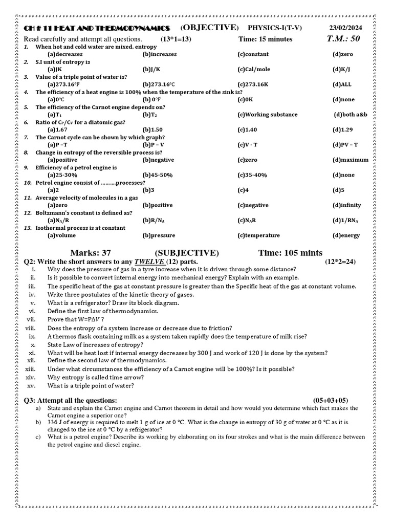 Heat and Thermodynamics Exam Questions | PDF | Entropy | Gases