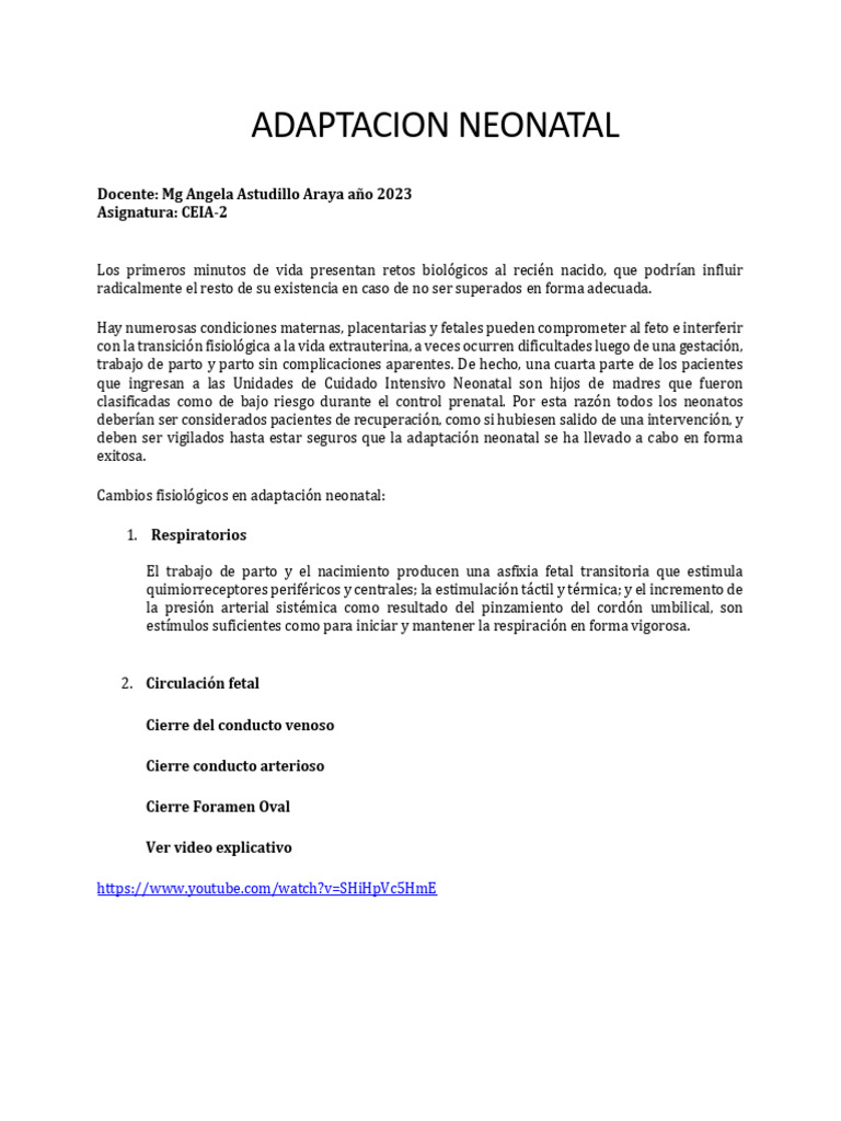 Adaptacion Neonatal | PDF | Parto | El embarazo
