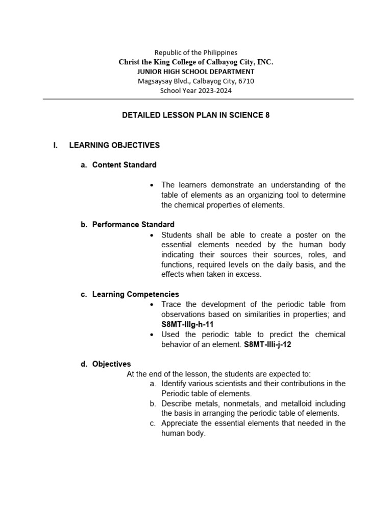 Lesson Plan 8 | PDF | Chemical Elements | Periodic Table