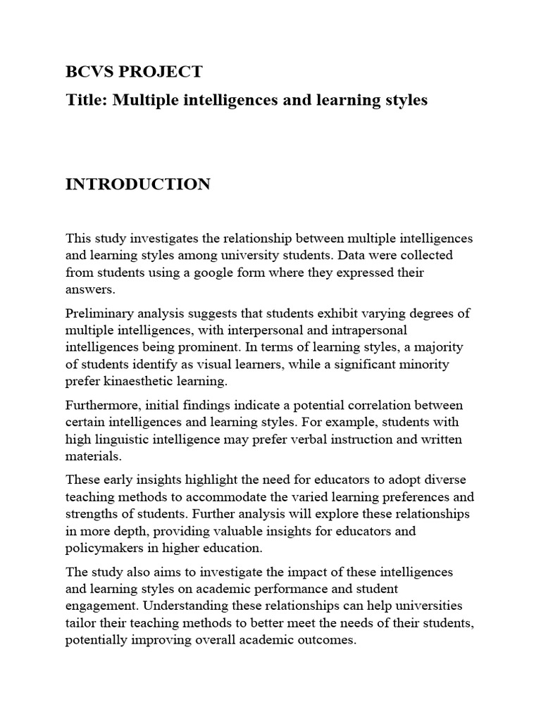 Bcvs Project Title: Multiple Intelligences and Learning Styles | PDF | Learning Styles | Learning