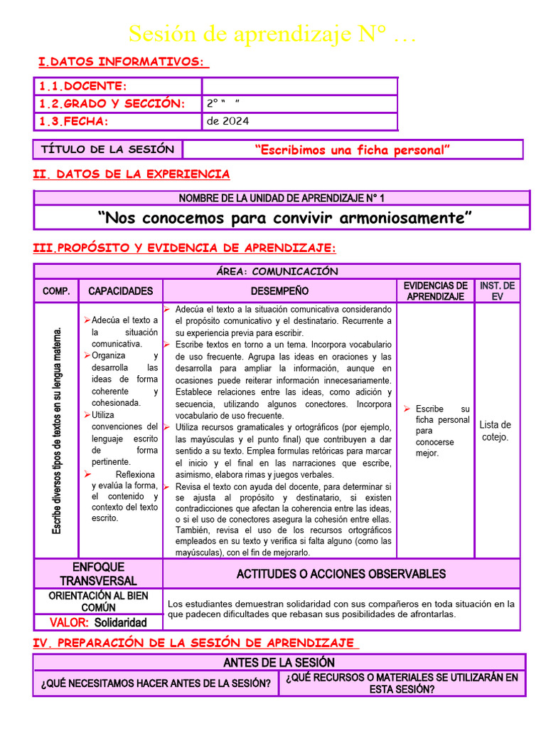 Escribimos Fichas Personales | PDF | Aprendizaje | Léxico