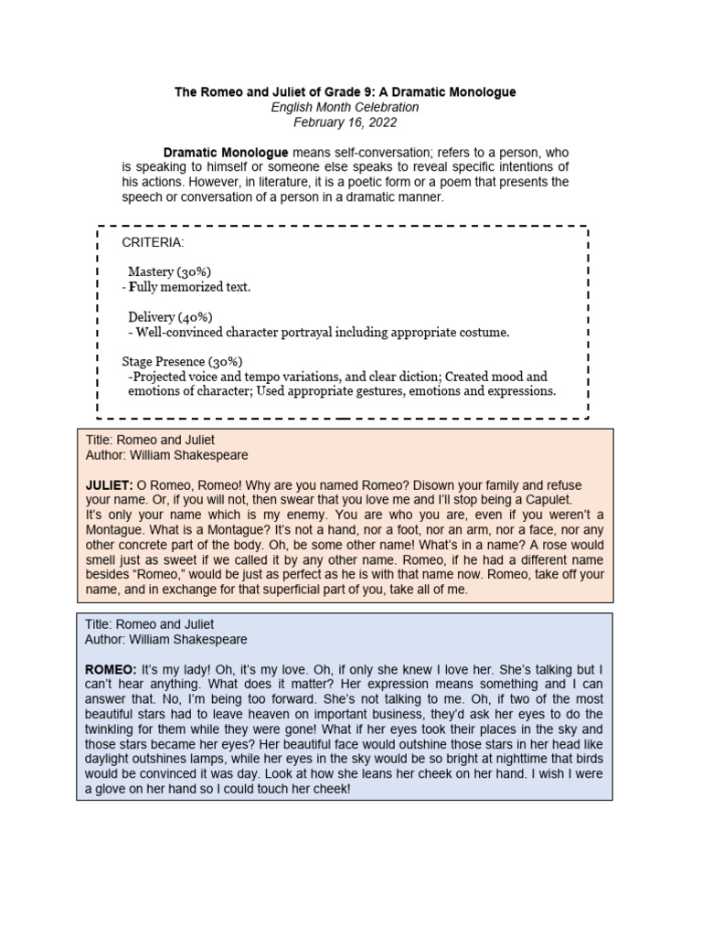 Dramatic Monologue | PDF | Romeo And Juliet | Characters In Romeo And ...