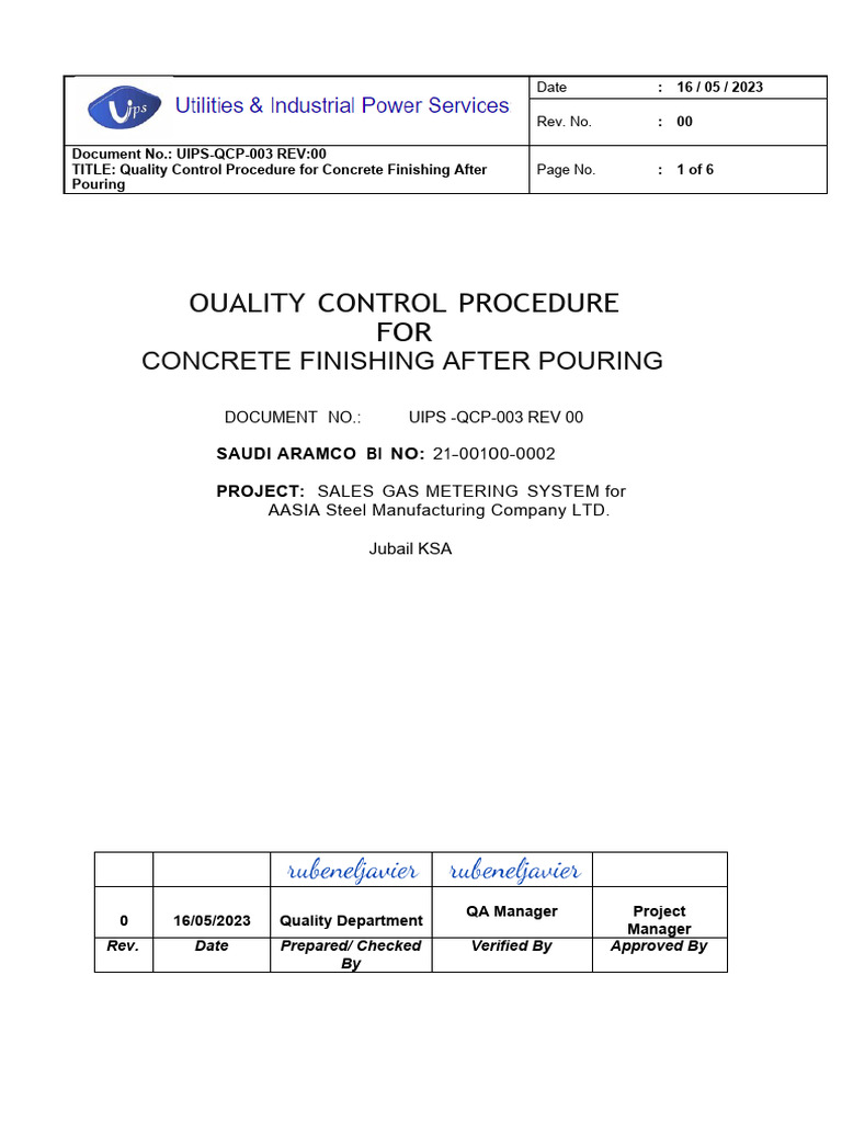 UIPS QCP 003 Concrete Finishing Procedure After Pouring Concrete Rev 00 Sales Gas Project | PDF ...