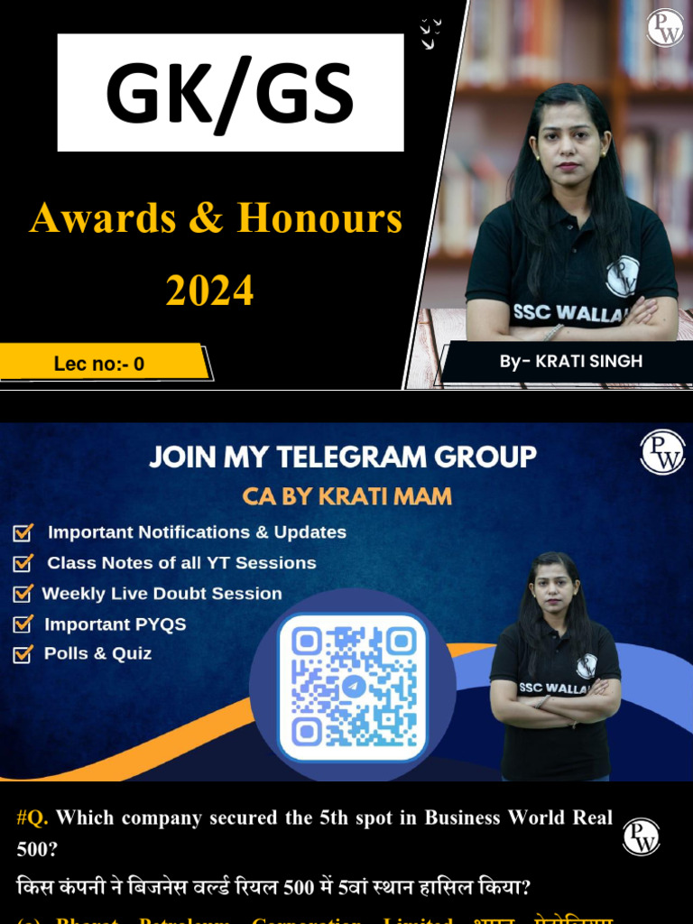 02 Awards & Honours 2024 5PM SSC BATCH Eng Hindi KRATI Maam | PDF