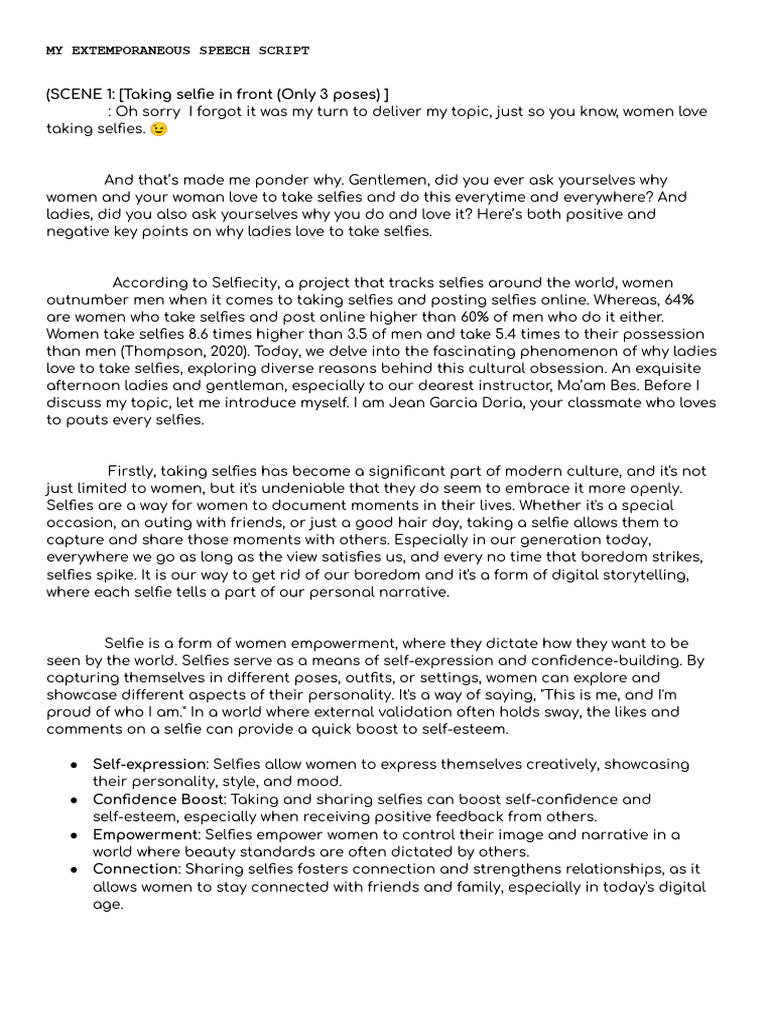 SCRIPT FOR EXTEMPO... | PDF | Self Esteem | Selfie