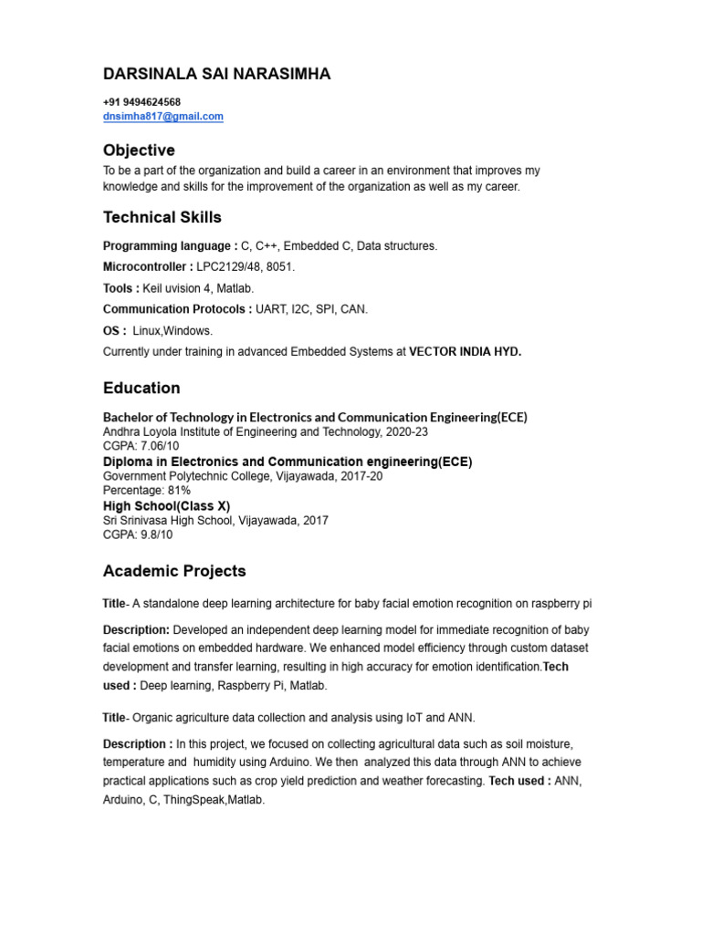 Darsinala Sai Narasimha: Bachelor of Technology in Electronics and Communication Engineering ...