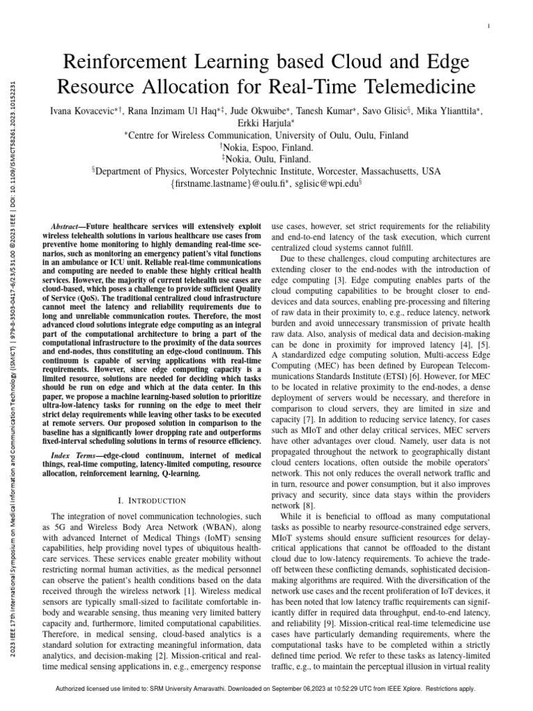 Reinforcement Learning Based Cloud And Edge Resource Allocation For Real Time Telemedicine Pdf 