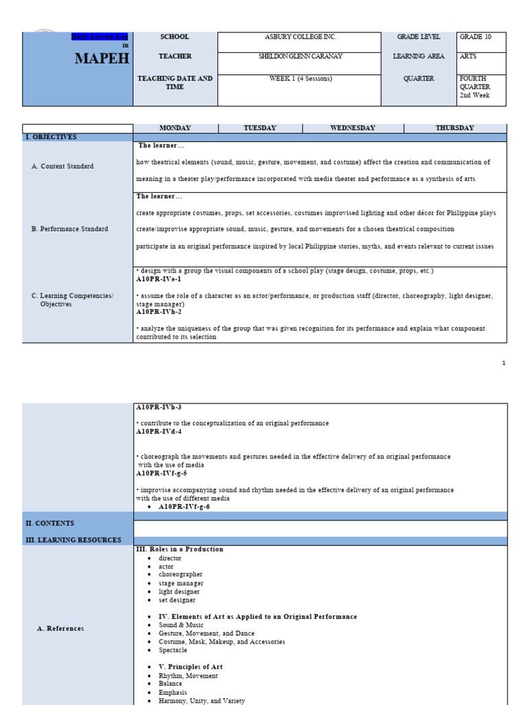 DLL - Grade 10 Arts 4th Quater 2nd Week | PDF | Learning | Theatre