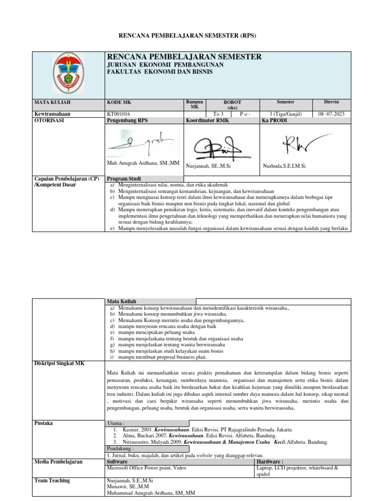 Contoh RPS Mata Kuliah Kewirausahaan | PDF