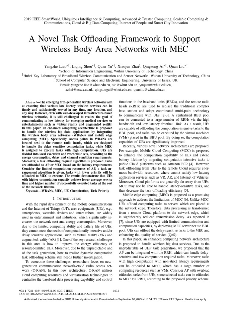 A Novel Task Offloading Framework To Support Wireless Body Area Networks With Mec Pdf