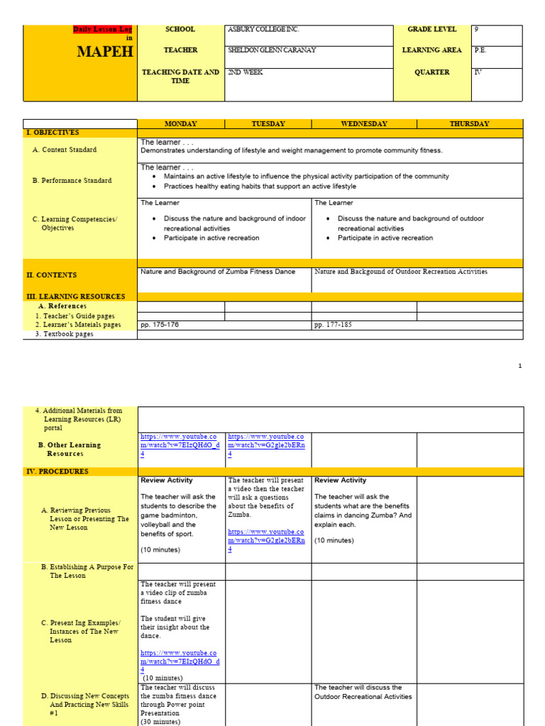 DLL - G9.PE.Q4. Week2 | PDF | Physical Education | Behavior Modification