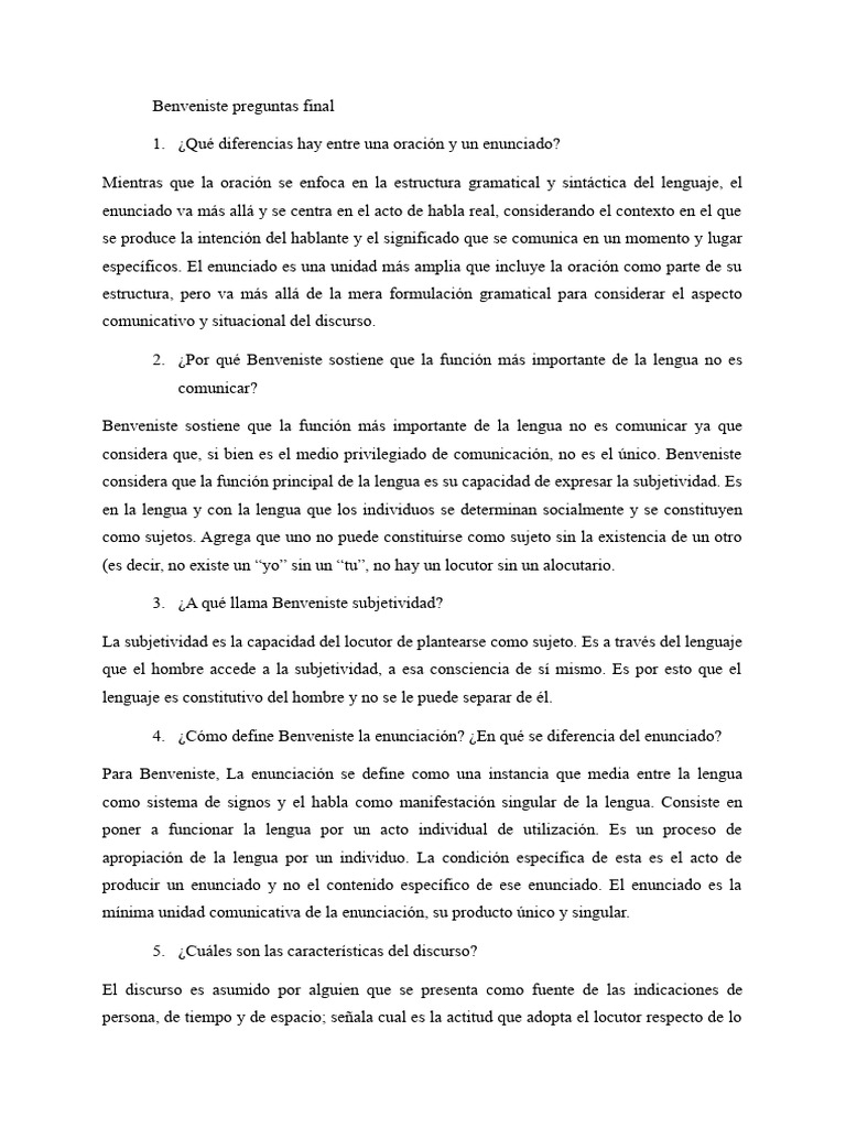 Benveniste Preguntas Final | PDF | Lingüística | Comunicación humana
