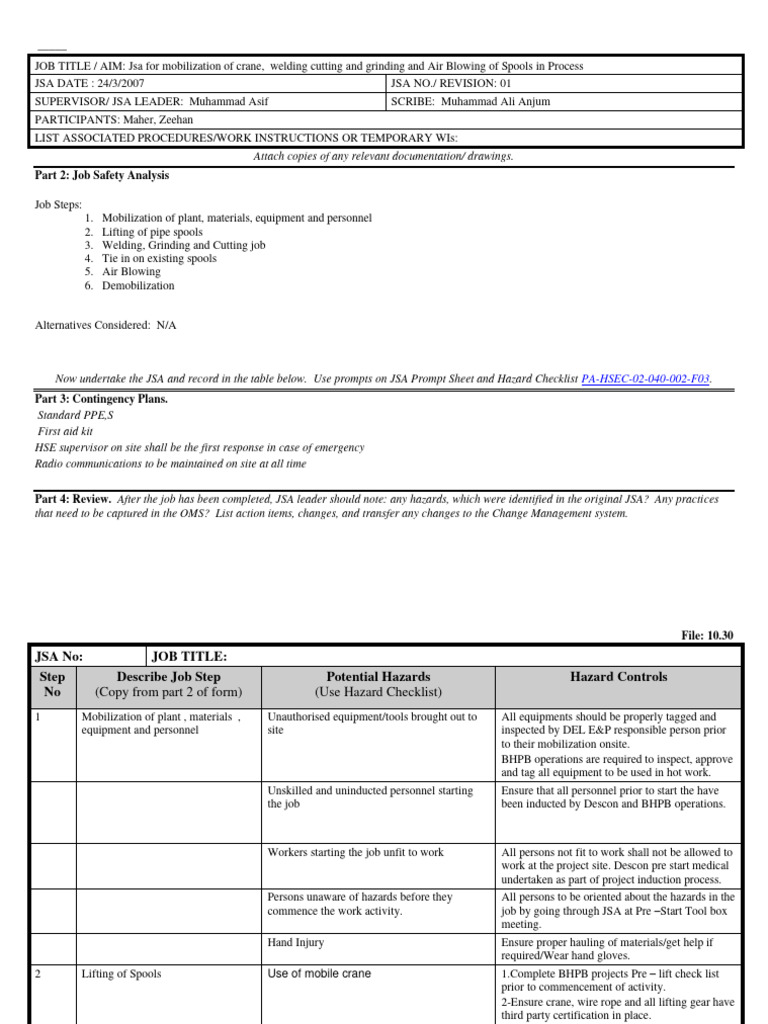 Crane Mobilization JSA for Welding Tasks | PDF | Personal Protective ...