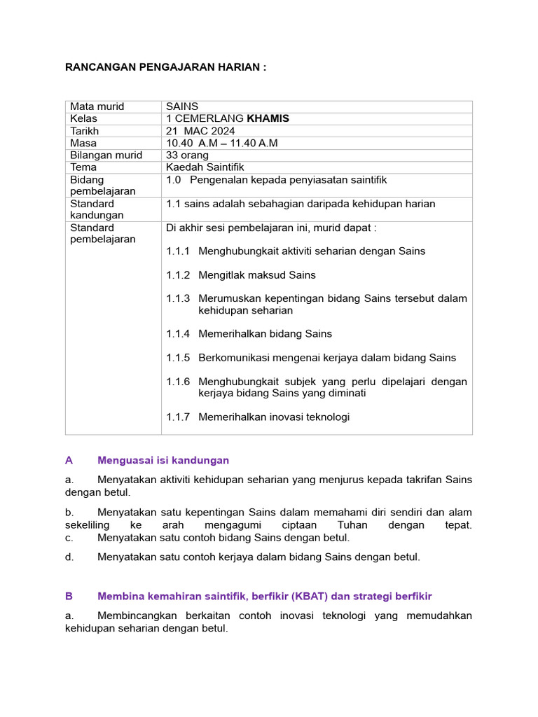 RPH Sains T1 Wi Khamis | PDF